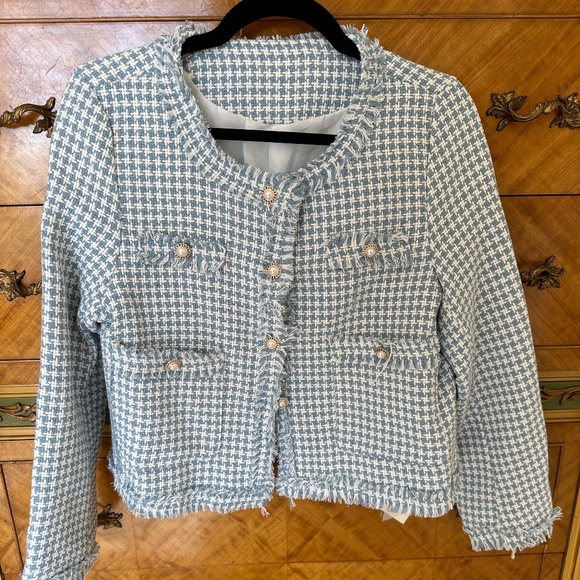J.ING | Jackets & Coats | Nwt Jing Blue And White Houndstooth Tweed ...